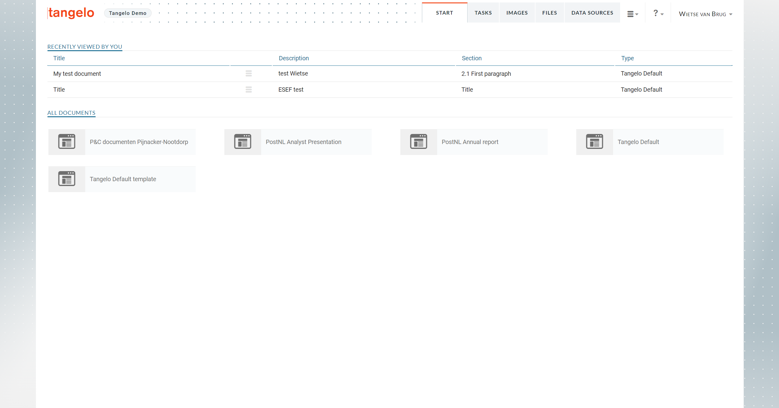 General overview of the Start page – Tangelo Software